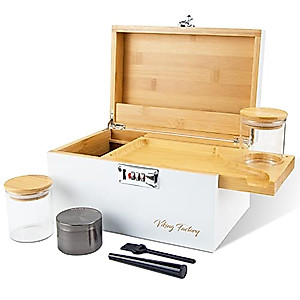 Viking Factory Large Bamboo Box Tray Set with Combination Lock Decorative Box for Home Smell Proof Storage Box -Premium Removable Tray, Roll Kit and All Accessories