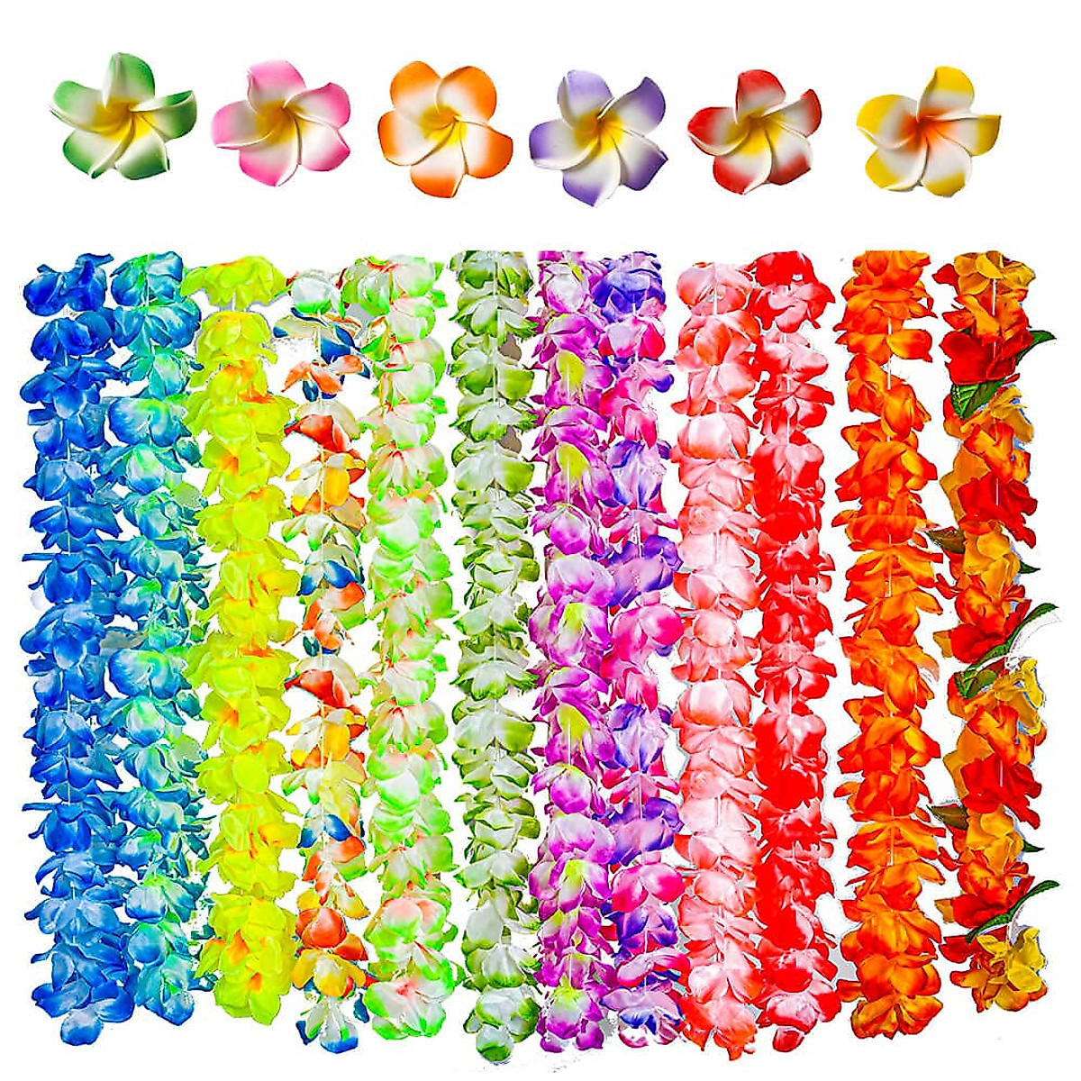 50 PCS Soft Hawaiian Leis Luau Party Decorations Tropical Favors Lei Flower Hair Clip,Headbands and Wristbands Perfect for Your Hawaii Luaus Party.