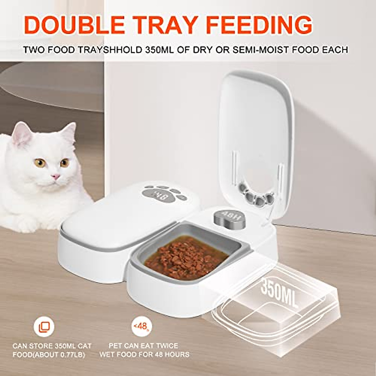 Automatic Cat Feeder Wet Food 2 Cat, 2 Meal Smart Pet Feeder, Low Noise Timed Feeder for Cats & Dogs, Dry or Semi-Moist Pet Food Dispenser, 1-48 Hours Microchip Cat Feeder, Auto-On Smart Pet Feeder