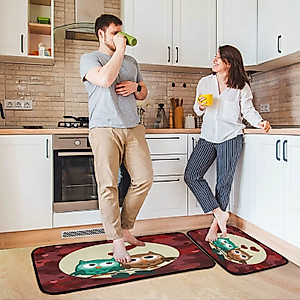 Cartoon Owls Couples Kitchen Rug Set of 2 Spring Mother's Day Floor Runner Mat Comfort Non Skid Bath Carpet Standing Mat Washable for Living Room Laundry Hallway Office Farmhouse