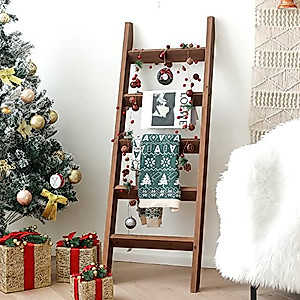 FUIN 5 Ft (58") Wood Decorative Wall Leaning Blanket Ladders Bathroom Storage Quilt Towel Display Rack Shelf Holder Rustic Farmhouse, Brown