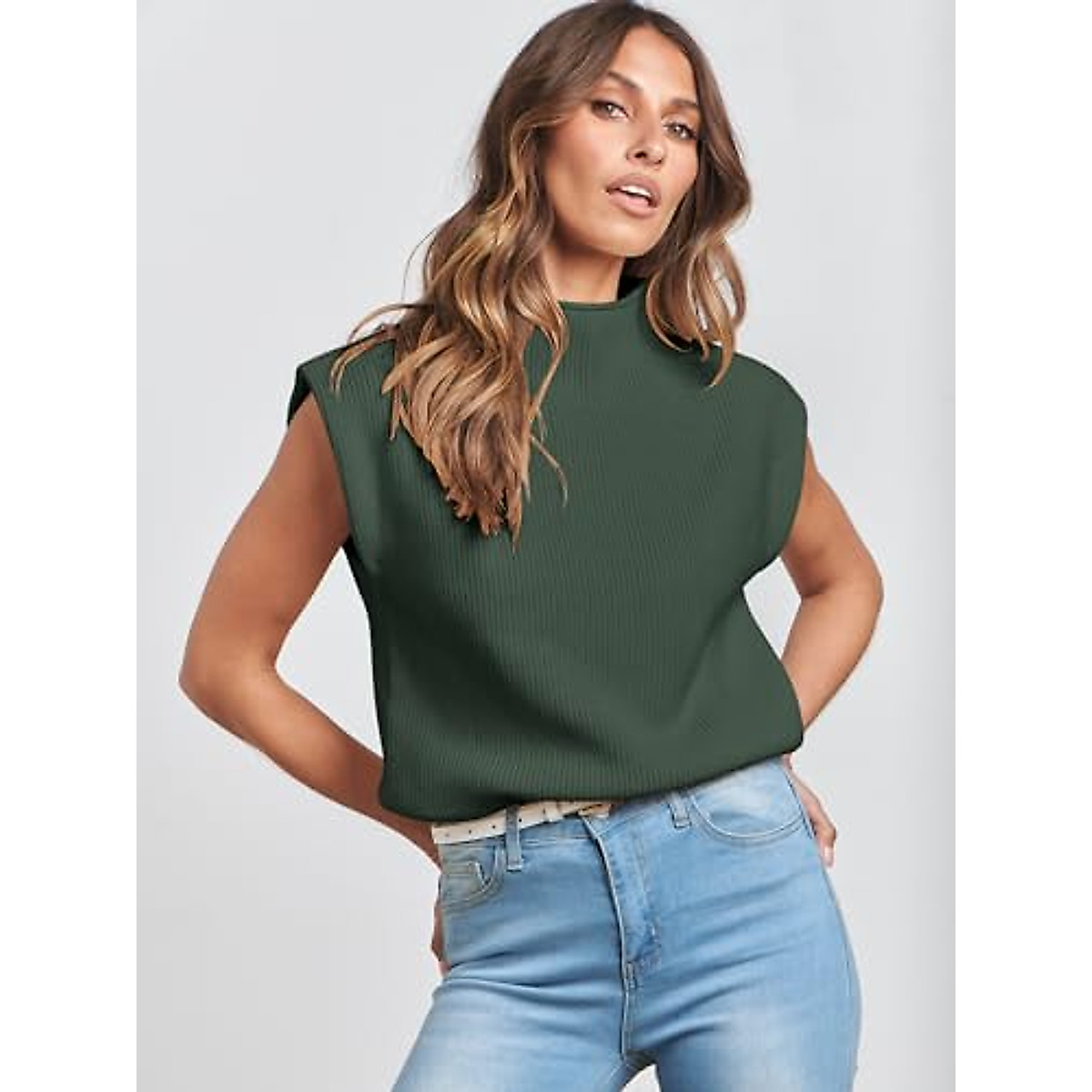 ANRABESS Women's Mock Neck Sleeveless Sweater Vest Casual Cap Sleeve Knit Pullover Tank Tops 2025 Spring Summer Clothes Green-S