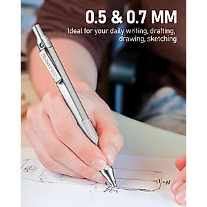 Four Candies 2PCS Metal Mechanical Pencils Set with Case, 0.5mm & 0.7 mm Artist Pencil with 6 Tubes (360PCS) HB Lead Refills, 3 Erasers,9 Eraser Refills For Writing Drafting, Drawing, Silver