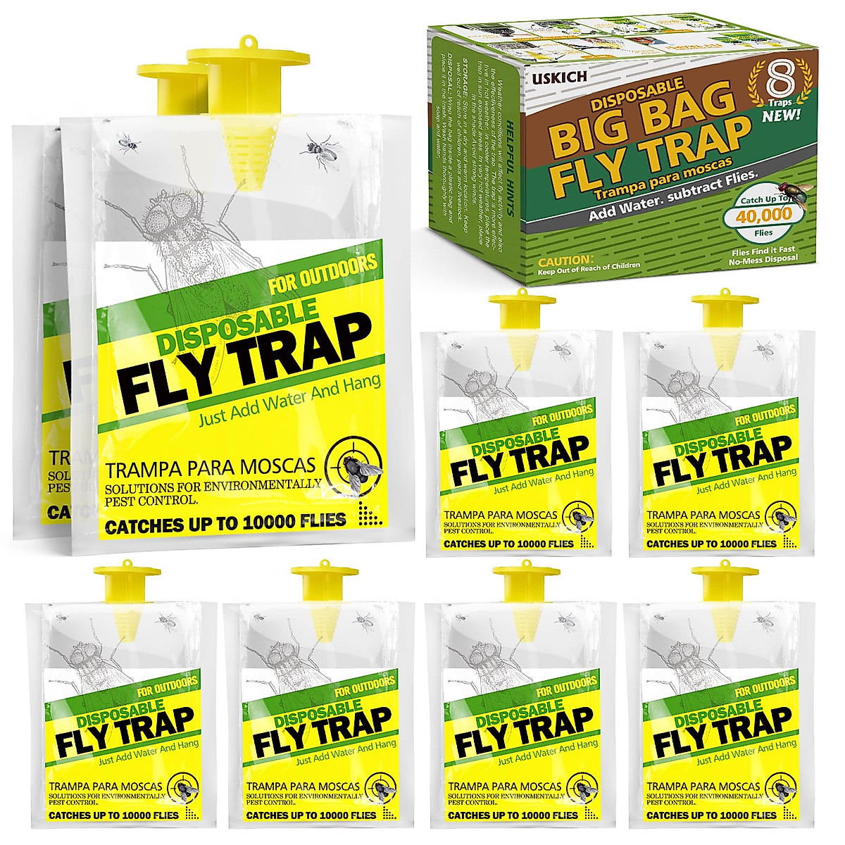 8 Pack Outdoor Hanging Fly Traps, Disposable Flies Killer Trap Bag Catcher with Natural Attractant Bait Bug Catcher and Flying Insect Trap for Outdoor Family Farm Park Orchard Garden