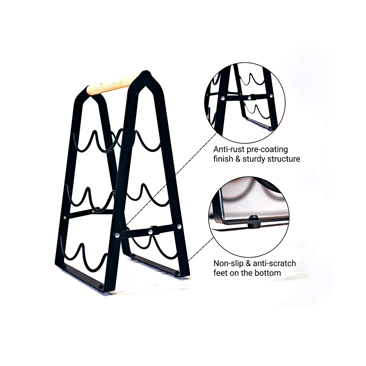 ARTES Countertop Wine Rack - Stackable Wine Holder for 6 Bottles - Metal Wine Racks for Pantry, Cabinet, Home Bar, Wine Cellar in a Three-Tiered Classic Design with Wooden Handle, Black