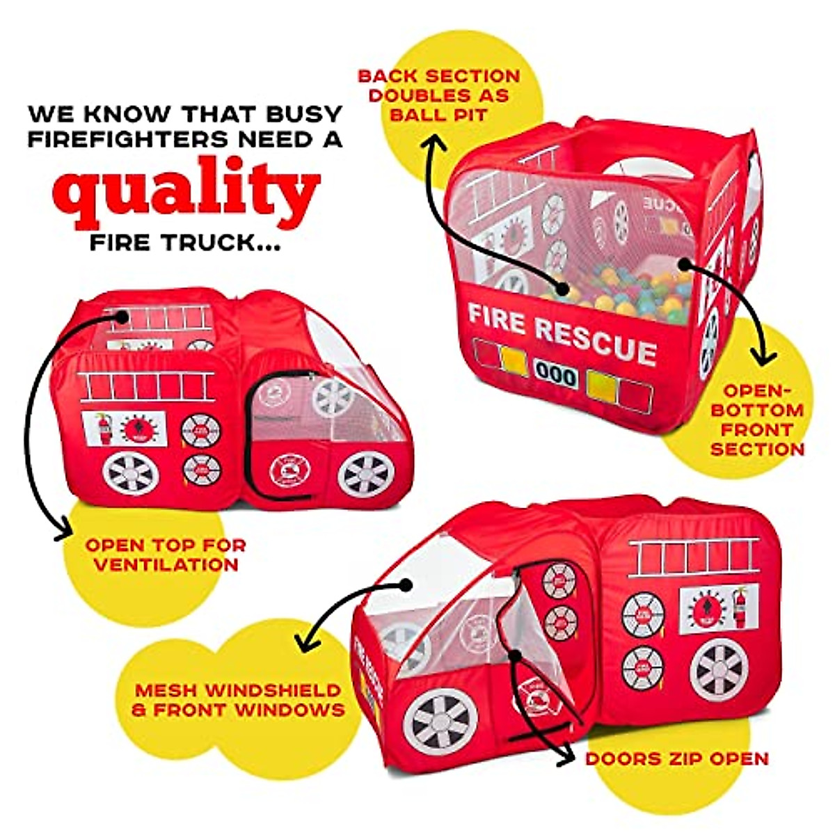 Kiddey Fire Truck Play Tent for Kids - Firetruck Tents with Sirens and Fireman Sound Button for Girls, Boys, & Toddlers Gifts - Red Fire Engine Pop Up Playhouse for Toddler - Indoor & Outdoor
