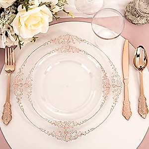 Nervure 350PCS Rose Gold Plastic Plates - Clear Rose Gold Disposable Plates for 50Guests - 50Dinner Plates, 50Dessert Plates, 150Rose Gold Silverware, 50Cups, 50Rolled Napkins for Wedding & Party