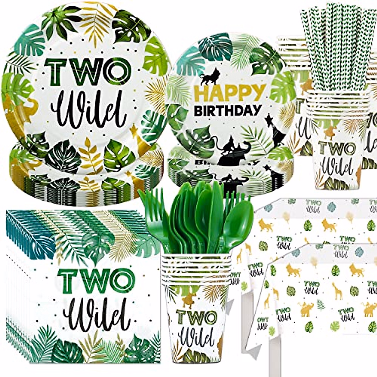 NAIWOXI Two Wild Birthday Decorations Tableware - Safari Birthday Decorations Include Plates, Cups, Napkins, Cutlery, Tablecloth, Straws, Animal Jungle Theme Party Supplies for Boy Girl 2nd Birthday