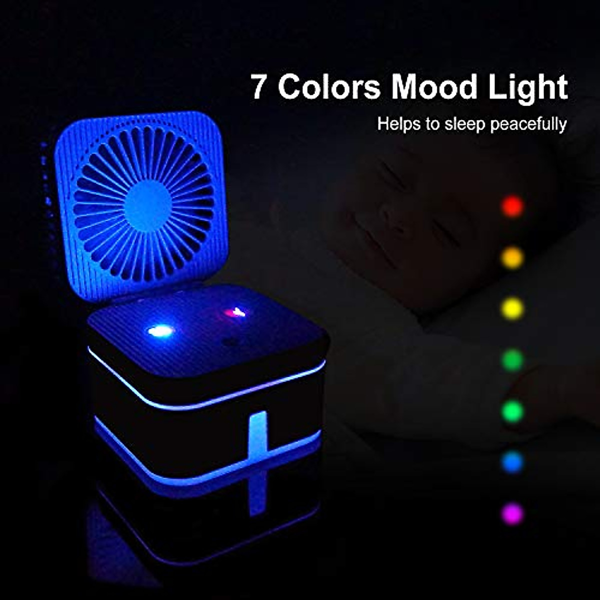 ACTNOW Mini Humidifer Desk Fan With USB, 3 Speed Small Fan with 7 Colors Night Light, Quiet Portable Fan of 4.1' L x 4.1" W x 3.9" H In office, Cooling Air Conditioner Mini Fan for Bedroom (White)