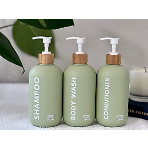 OLLIES Shampoo and Conditioner Dispenser, Shower Soap Dispenser for Bathroom-Set of 3 with Permanent Stylish Label-17oz, 500ml Refillable Shampoo and Conditioner Bottles Green