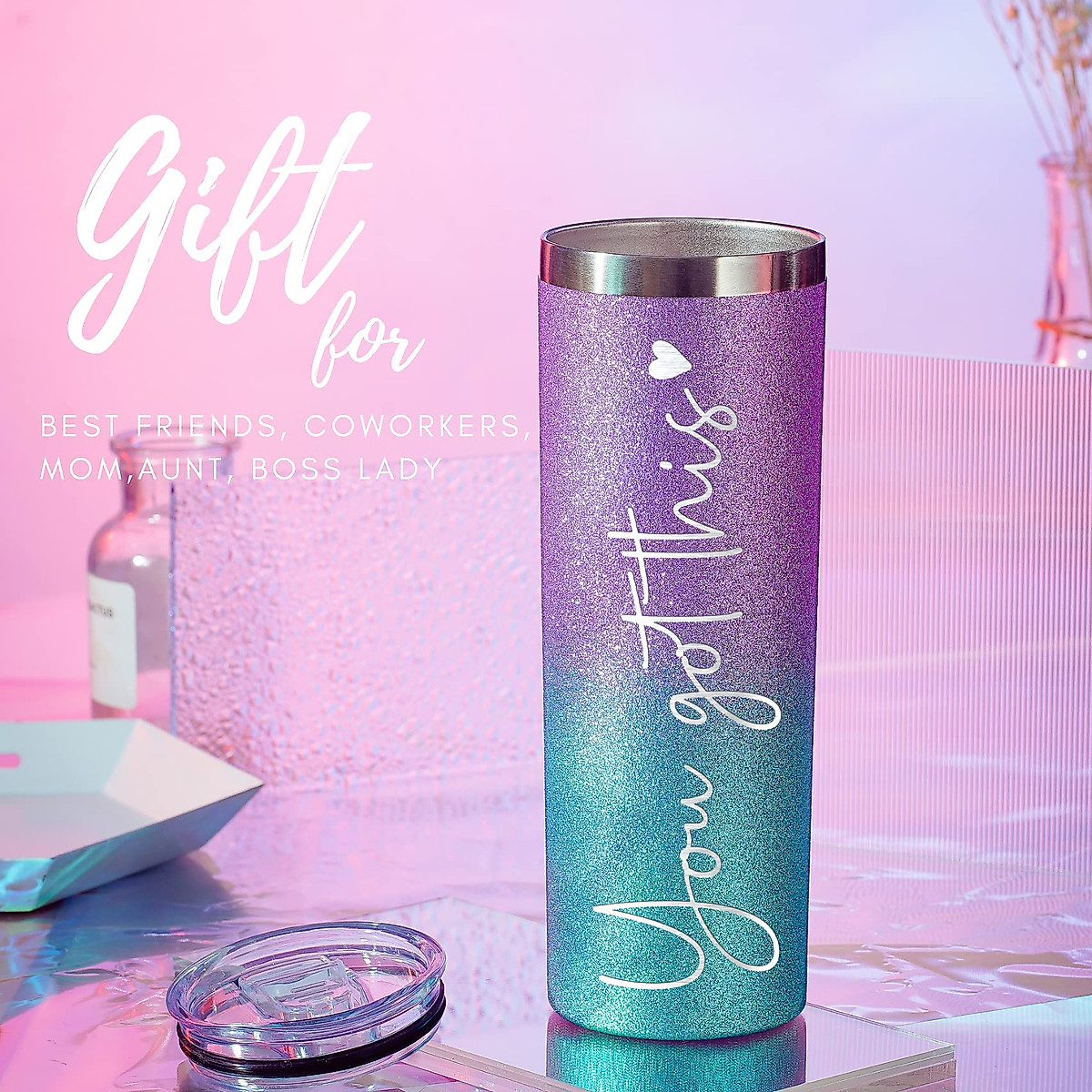 Onebttl Inspirational Gifts for Women, You Got This, Motivational Encouragement Job Promotion Congratulations Gifts for Women, Friends, New Mom, Coworkers, 20Oz Skinny Tumbler， Glitter Blue & Purple