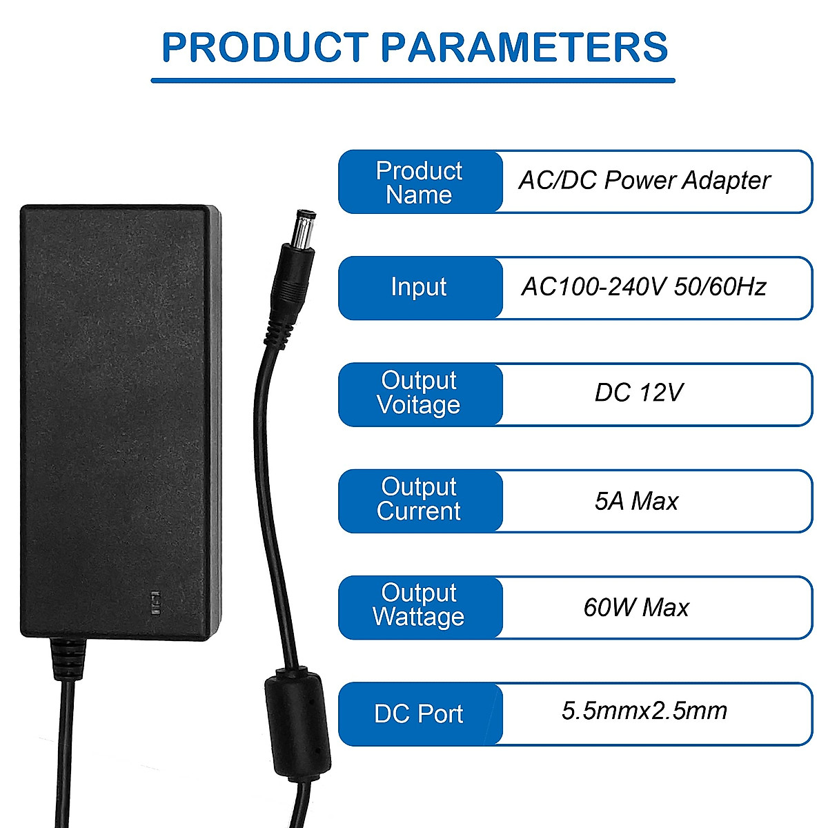 OPBYWE 12V 5A 60W Power Supply Adapter AC DC Converter 100V~240V to 12 Volt 5 Amp Transformer 5.5x2.1mm Plug for Christmas Tree LED Light Strips CCTV Security System LCD Monitor