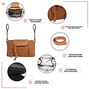 motheric Brown Leather Universal Stroller Organizer Shoulder bag with insulated cup holder, Shoulder strap - Parent console Caddy with strollercup holder