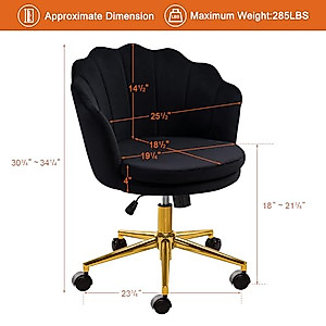 Furniliving Home Office Chair Velvet Desk Chair, Upholstered Modern 360°Swivel Chair with Shell-Shaped Back, Rolling Wheels for Office, Study, Vanity, Bedroom(Black)