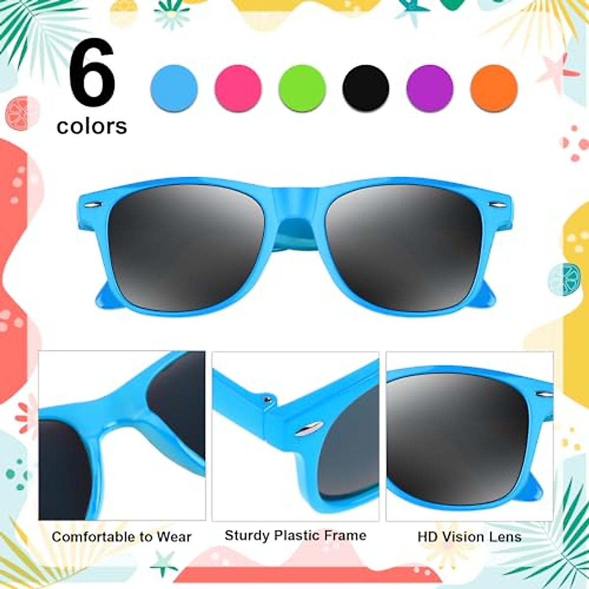 NEBURORA 6 Pack Neon Sunglasses Bulk Classic Retro Multicolor Party Sunglasses for Goody Bag Fillers Toys Adult Men Women Birthday Summer Beach Party Favors
