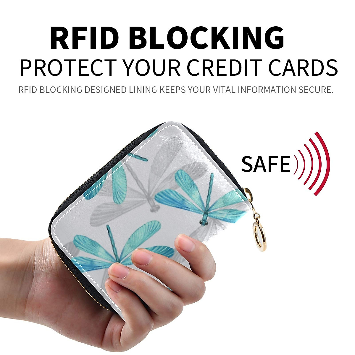 MOYYO RFID Credit Card Holder Case Watercolor Blue Dragonfly Leather Printed Zipper Card Case Wallet for Women Girls