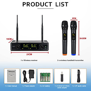 whitesand UHF Wireless Microphone System, Dual Wireless Mic Set w/ 2 Handheld Dynamic Microphones, 2x30 Frequencies, Color Coded Microphone for Singing, Home Karaoke, DJ, Church, Wedding (WSM-300)