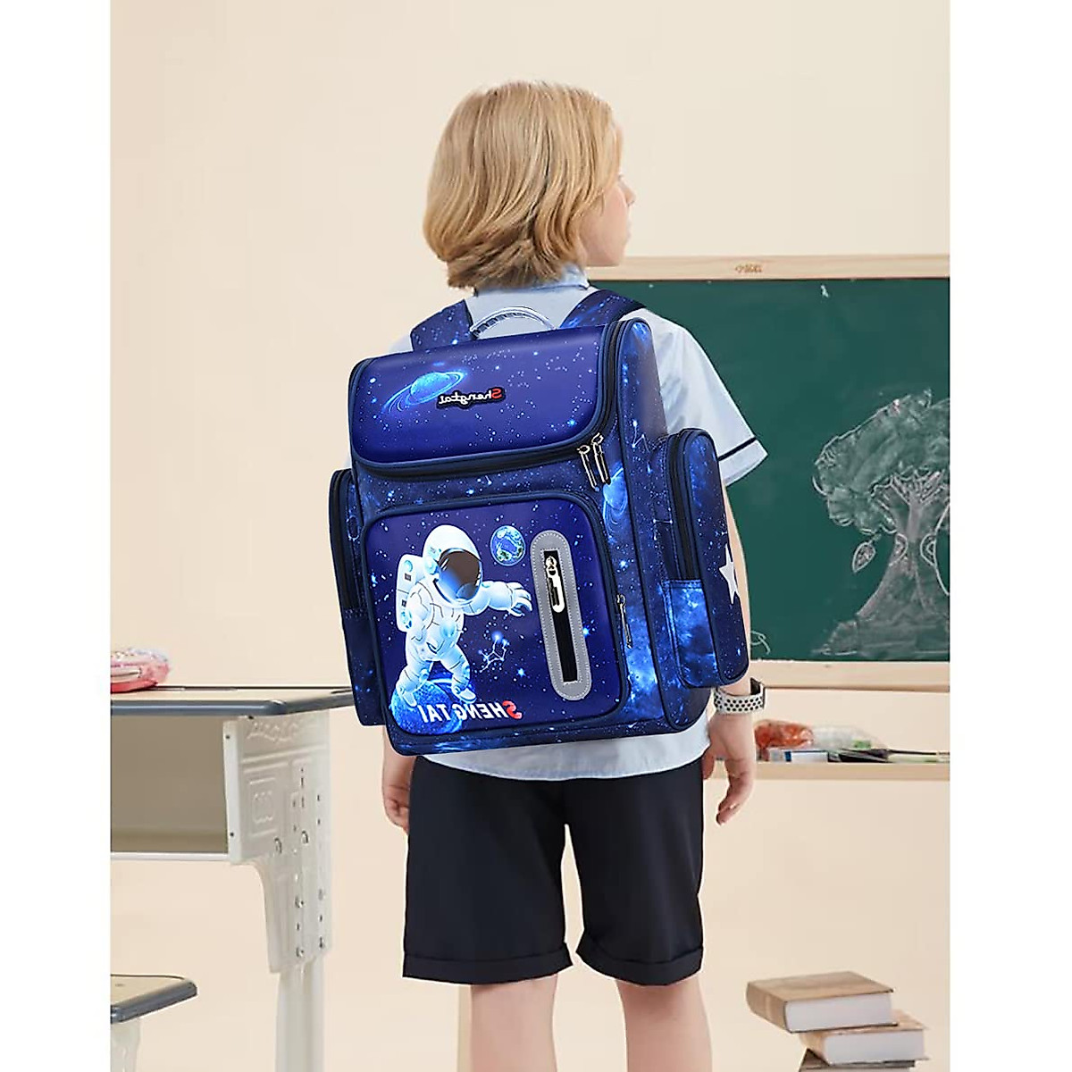 Astronaut School Backpack for Boys Large Capacity Waterproof Light Weight Schoolbag Bookbag for Kids Primary School Student (Blue)