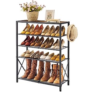 Tajsoon 5 Tier Shoe Rack Organizer for 16-20 Pairs of Shoes, Front Door Shoe Rack with 2 Hooks, Metal Mesh Shoe Shelf for Entryway, Shoe Storage with X Shape Fixed Frame, Rustic Brown & Black