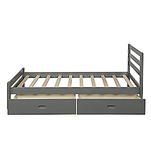 Twin Bed Frame with Drawers, Twin Bed Frame with 2 Storage Drawers, Wood Twin Platform Bed with Headboard for Kids Teens Boys Girls Adults, No Box Spring Needed, Easy Assembly, Grey