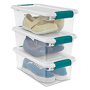 Sterilite 6 Qt Latching Storage Box, Stackable Bin with Latch Lid, Plastic Container to Organize Shoes on Closet Shelf, Clear with White Lid, 12-Pack