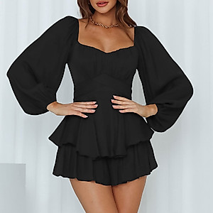 Fixmatti Womens Lantern Long Sleeve Shorts Romper Tie Waist Chiffon One Piece Outfits Solid Jumpsuit Black M