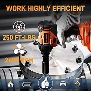 Cordless Impact Wrench, 20V Brushless 1/2 Impact Gun, High Torque Impact Driver 250 ft-lbs (340N.m) 2600RPM, LED Light, Impact Driver Kit with 2.0Ah Battery &1-Hour Charger, 7 Sockets for Home & Car