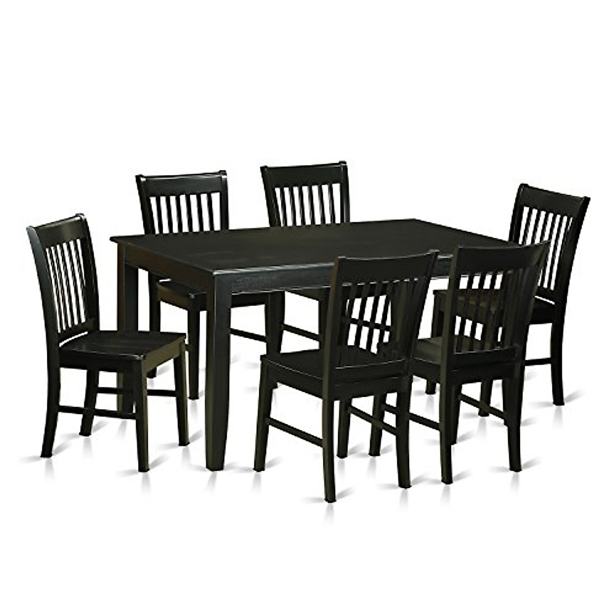 East West Furniture DUNO7-BLK-W 7-Piece Kitchen Table Chairs Set - a Rectangular Modern Kitchen Table - 6 Wood Dining Chairs with Solid Wood Seat & Slatted Back - Black Finish