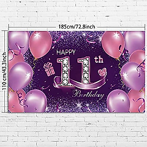 Happy Birthday Party Decorations, Large Fabric Happy 11th Anniversary Birthday Backdrop Photo Booth Background with Rope for Girls Birthday Party Favor Banner, 72.8 x 43.3 Inch, Pink Purple