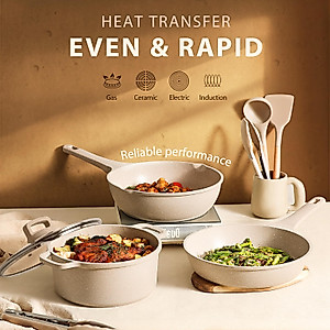 CAROTE Pots and Pans Set Non Stick, 16Pcs Kitchen Cookware Set, Stackable Induction Cookware, Pot and Pan set, Pans for Cooking, Taupe Granite