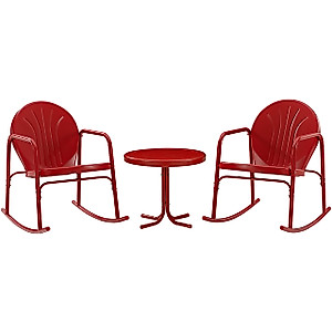 Crosley Furniture Griffith 3-Piece Outdoor Rocking Chair and Side Table Set, Retro Metal Bistro Patio Sets, Bright Red Gloss
