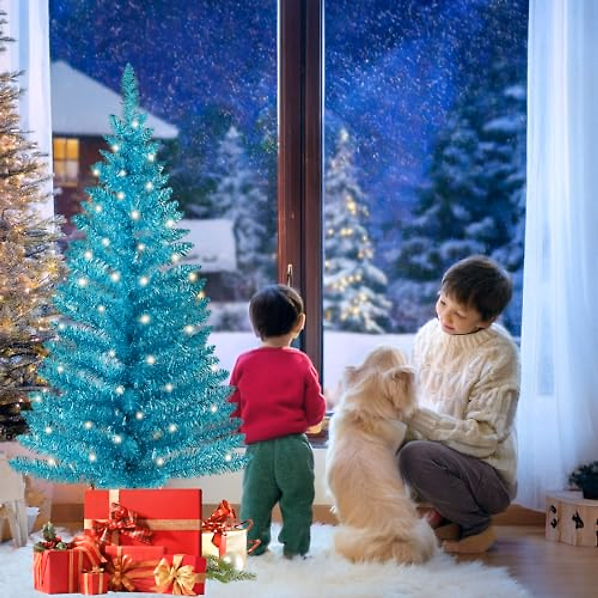 4ft Lighted Artificial Green Christmas Tree, Not Pre-lit Green Tinsel Pine Trees with Lights, Ideal for Ideal for Home, Office, and Xmas Party Décor - Includes Stand