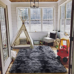 HOMORE Soft Fluffy Rug for Bedroom, Tie Dye Rugs for Living Room, Non Slip Shaggy Plush Carpet for Kids Nursery Toddler, 4x6 Feet Area Rugs for Room Floor, Dark Gray/Black