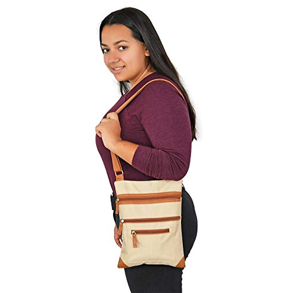 Home-X Crossbody Purses for Women, Shoulder Strap Bag with Zipper Pockets, Nylon Side Body Crossover Purse, 11 ¾" L x 9" W, Beige