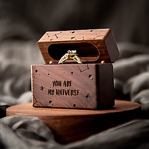 MUUJEE You Are My Universe Engraved Wooden Ring Box, Slim Engagement Proposal Ring Holder, Wedding Ceremony Ring Bearer Box, Fiance Gift Ideas