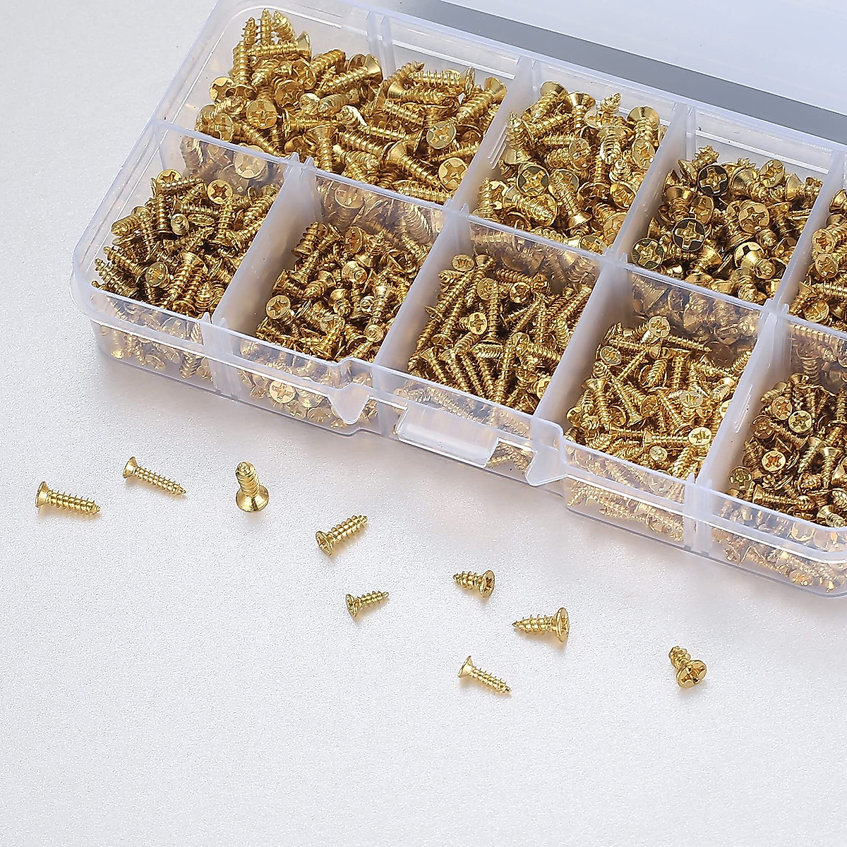 1080 Pcs Small Screws M2/M2.5/M3, Phillips Flat Head Cross Screws, Tiny Gold Self Tapping Screws, Micro Multifunctional Cabinet Electronic Accessories Screws for Woodworking (Carbon Steel Gold)