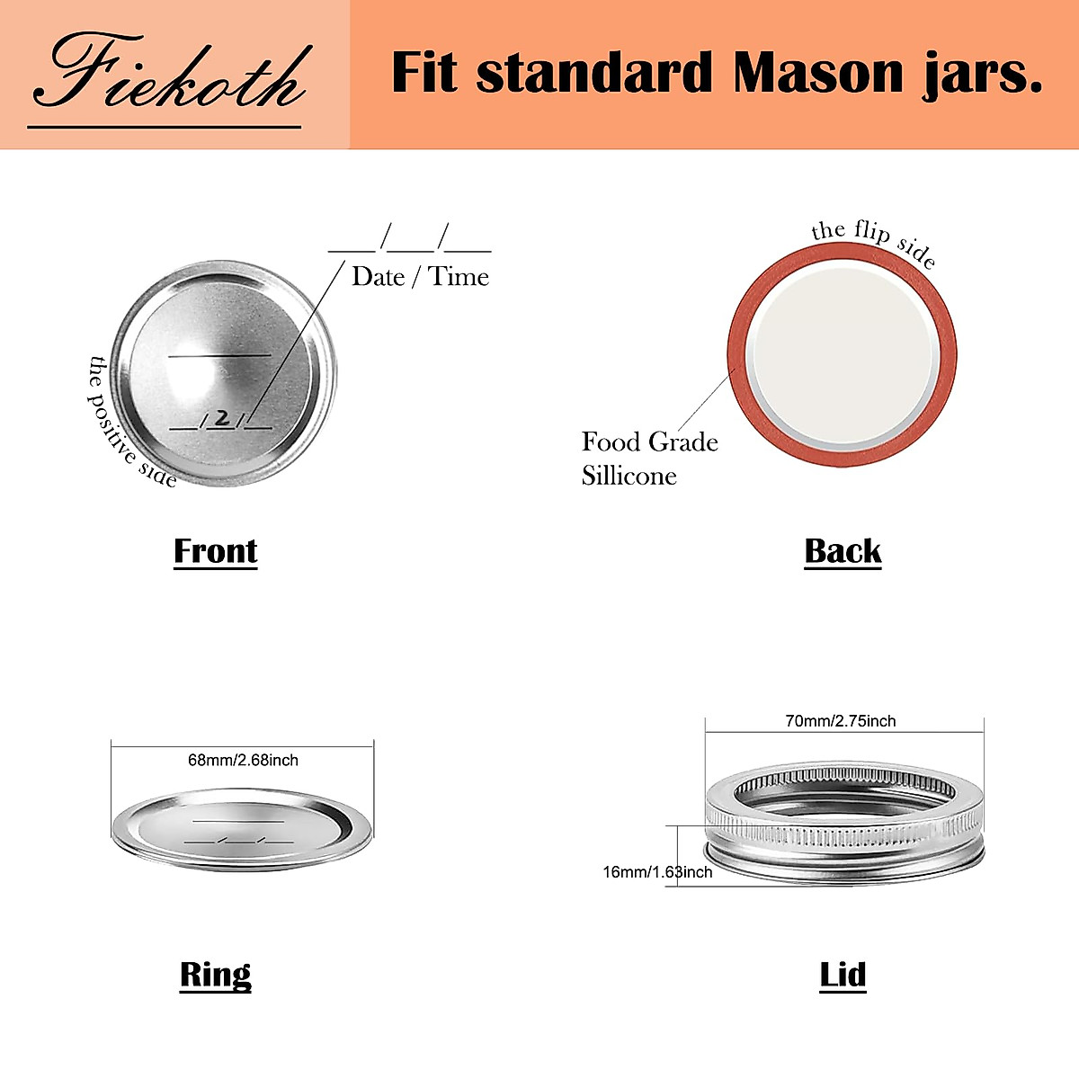 12 Pcs Antirust Regular Mouth Mason Jar Lids with Rings for Vacuum Sealer, Ball, Kerr Jars Canning Lids with Rings, Set of 6