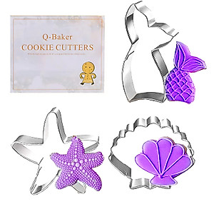 Q-BAKER Mermaid Cookie Cutters,Mermaid tail, Starfish, Seashell-Stainless Steel Holiday Cookie Cutters Shapes for Baking Gift