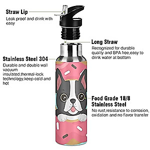 Yasala Water Bottle Dog Donut French Bulldog Coffee Thermos Stainless Steel Insulated Beverage Container 20 oz with Straw Lid BPA-Free for Sport, Travel, Camping, Back to School