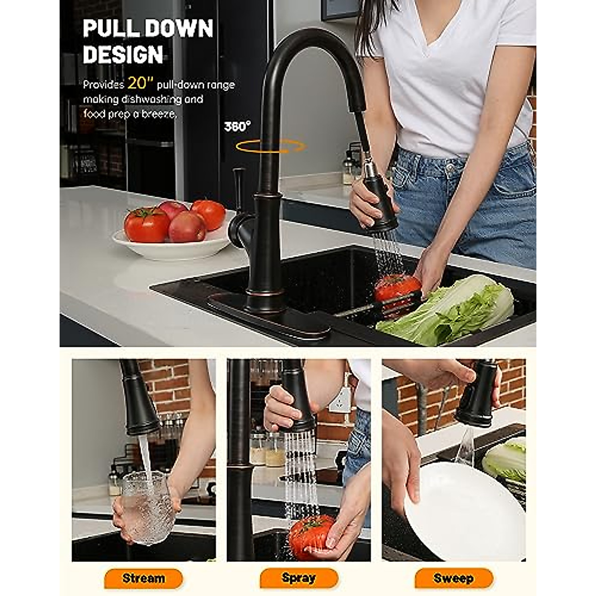 APPASO Kitchen Faucet with Pull Down Sprayer, Oil Rubbed Bronze Single-Handle High Arc Single Hole Pull Out Kitchen Sink Faucets with Escutcheon