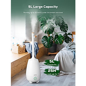 Aiheal Humidifiers for Bedroom Large Room Home, 5L Top Fill Cool Mist Ultrasonic Humidifier for Baby Plants, Smart Humidistat Mode, Essential Oil Diffuser, Sleep Mode, Auto Off and Ultra Quiet, White