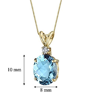 PEORA 14K Yellow Gold 3 Carats Swiss Blue Topaz with Diamond Pendant, Genuine Gemstone Birthstone, AAA Grade Oval Shape 10x8mm, Elegant Solitaire Design