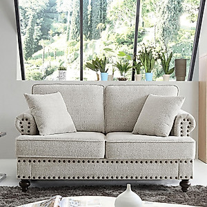 JEEOHEY 57" W Comfy Love Seat Sofa Couch,Chenille Fabric 2 Seater Sofa,Mid Century Modern Sofa,Deep Seat Sofa with Rolled Arms & Nailhead Trim for Living Room,Office,Apartment,Small Place(White)