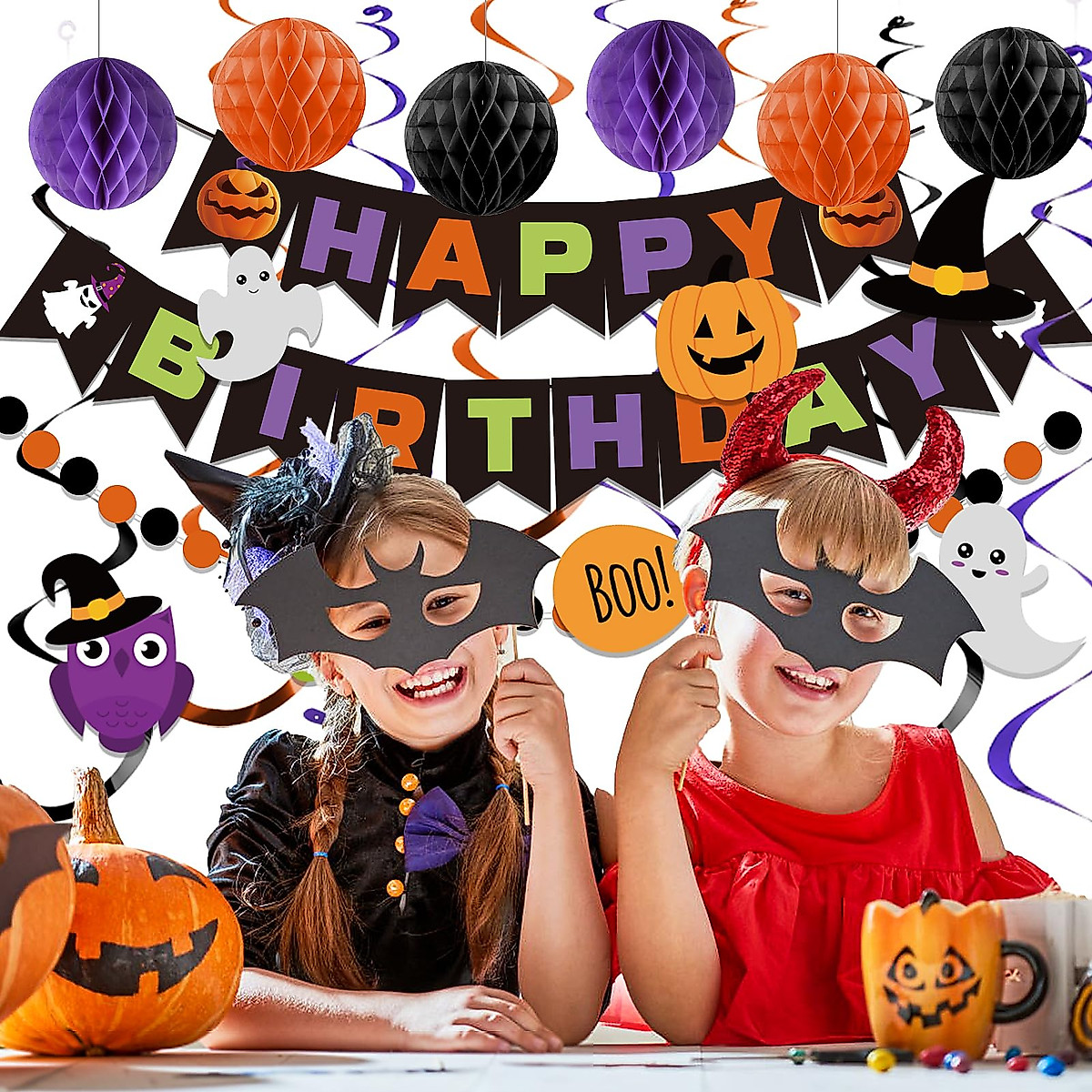 meowtastic Halloween Birthday Decorations - Happy Birthday Banner with Honeycomb Ball, Halloween Hanging Swirl Streamer, Circle Dot Garland Decorations - Halloween theme Birthday Party Decoration