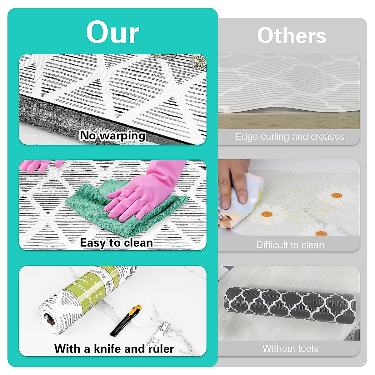 Shelf and Drawer Liners for Kitchen Cabinet,12 in x 20 FT Non-Adhesive Cabinet Liners for Cupboard Non-Slip Waterproof Kitchen Shelf Liners Contact Paper Shelf Paper with Knife and Tape Measure