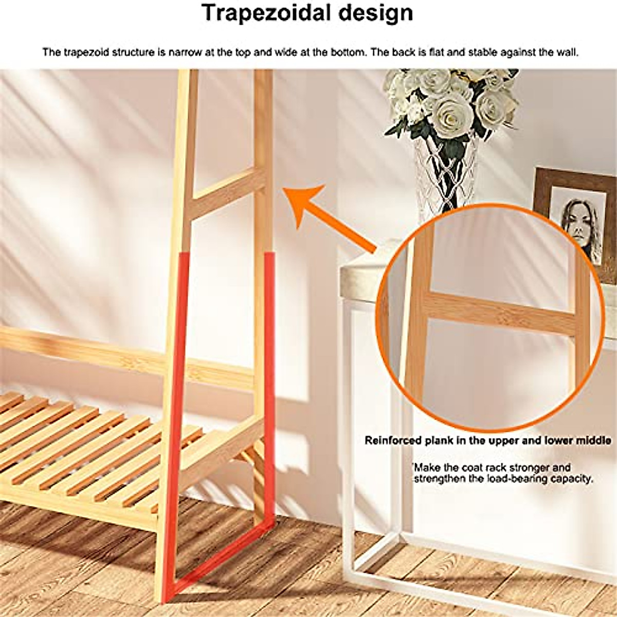 ZJDU Bamboo Garment Coat Clothes Hanging Rack,with Top Shelf and Shoe Clothing Storage Organizer Shelves, for Home Office Hallway Bedroom,110×42×140cm