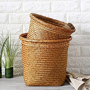 NOLITOY 2pcs Seagrass Waste Basket Woven Trash Can Wicker Waste Paper Basket Round Garbage Container Bin Rattan Laundry Basket Plant Pot for Bedroom Bathroom Kitchen Home Office
