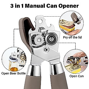 Can Opener Manual, TJ POP Can Opener, Heavy Duty Hand Held Can Openers, Stainless Steel Can Opener Smooth Edge, Easy Turn Knob, with Bottle Opener, Kitchen Gadgets Brown