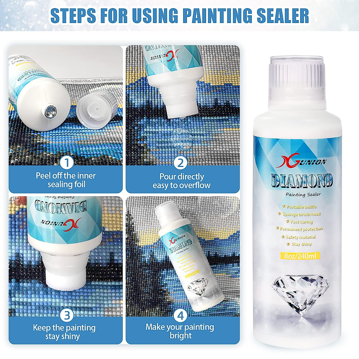 Diamond Painting Sealer 240ML Diamond Painting Glue with Spong Head 5D Diamond Painting Art Glue Sealer Accessories Permanent Hold & Shine Effect for Diamond Painting and Puzzles(8 OZ)