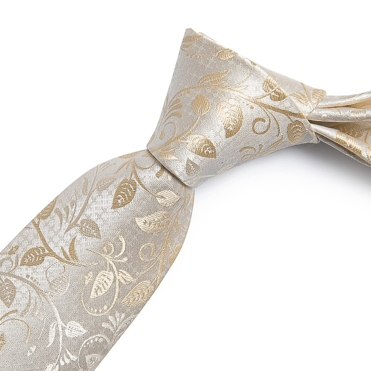 DiBanGu Champagne Gold Necktie and Pocket Square Cufflinks Champagne Floral Tie Set for Men Wedding Party